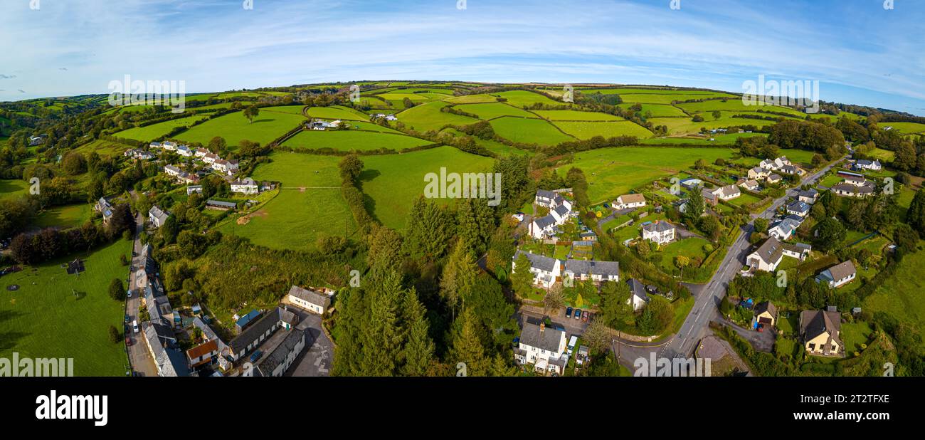 Aerial view of the heart of Exmoor - the village of Exford on the river ...