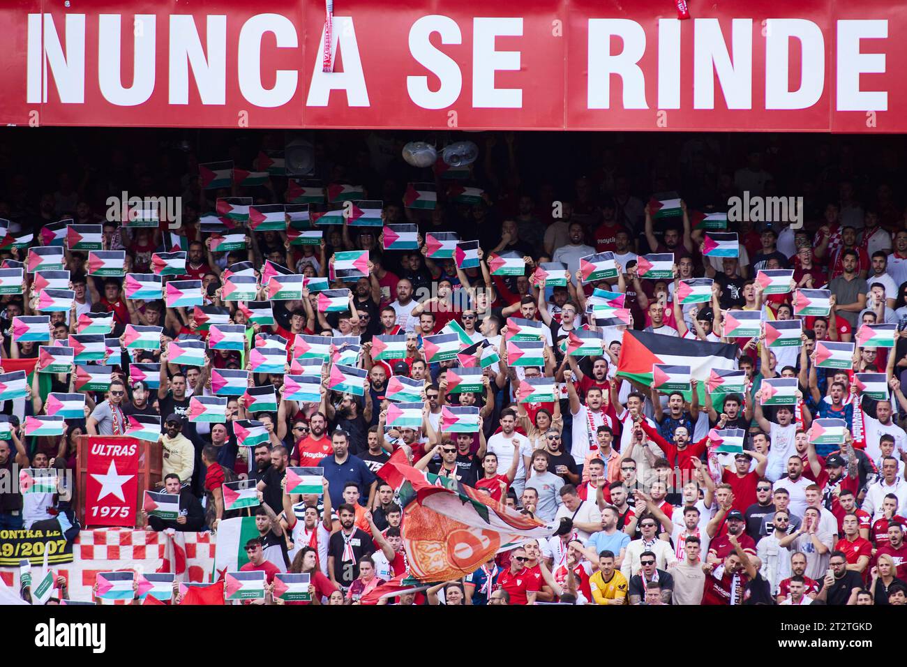 Supporters of Sevila FC with flags of Palestine during the Spanish ...