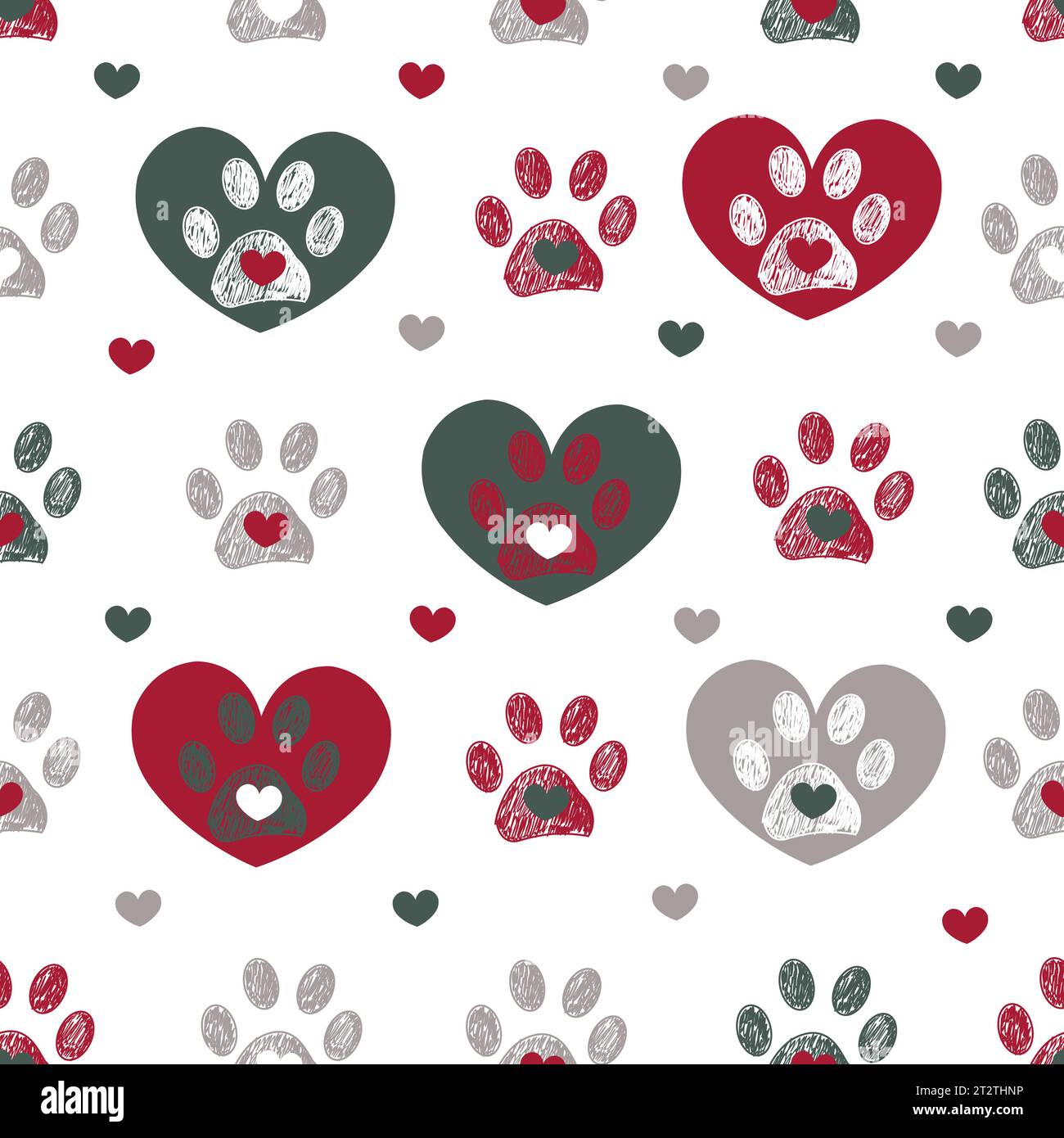 Red heart and paw prints seamless fabric design pattern. Christmas ...