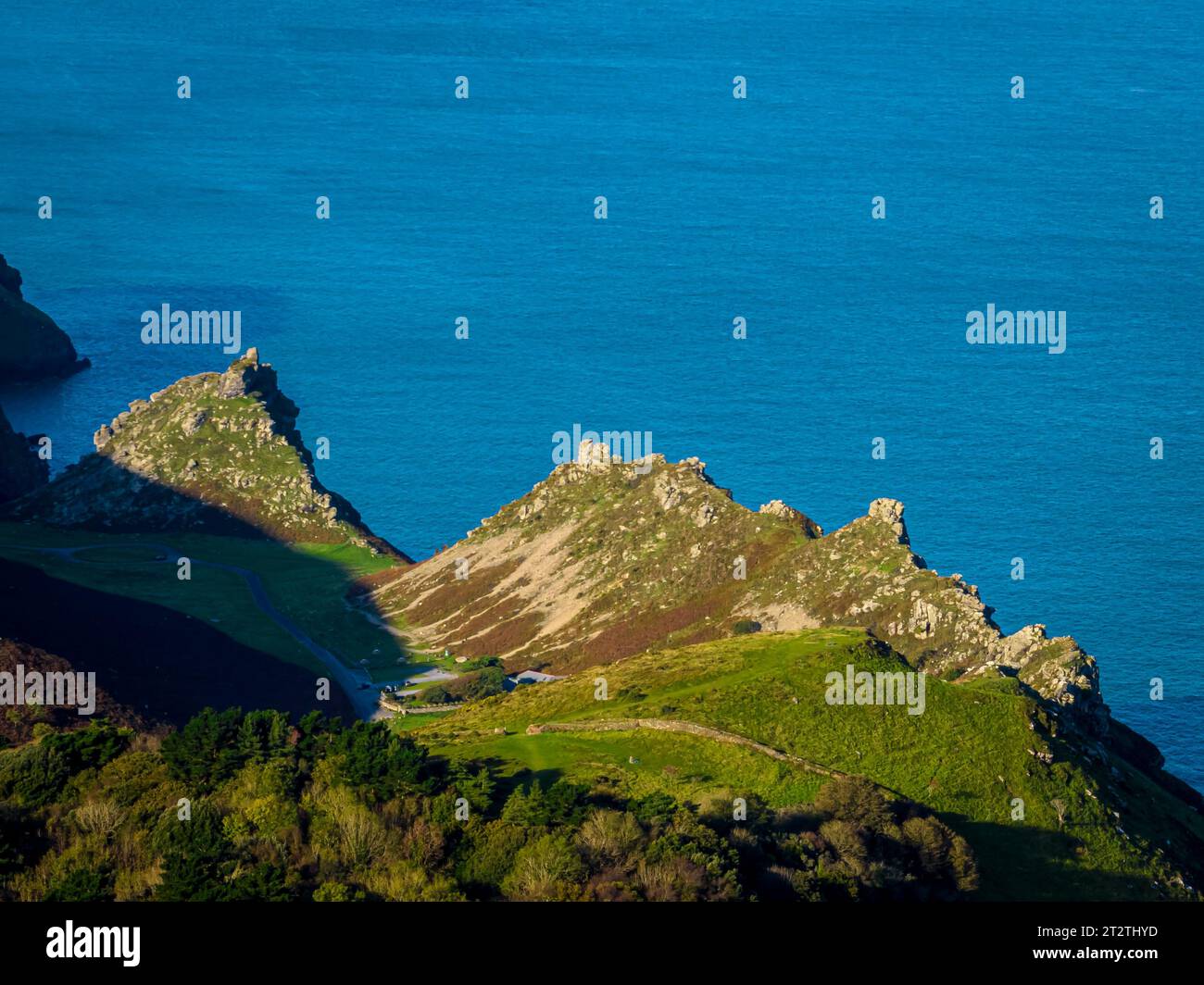 Aerial view of the Valley of Rocks, a dry valley that runs parallel to ...