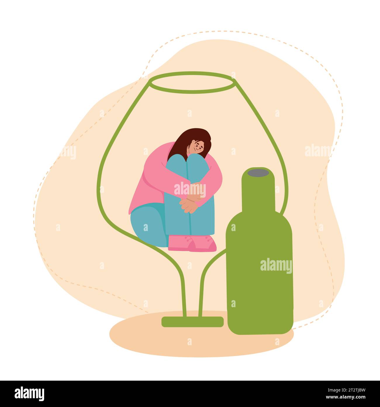 Female alcoholism. Sad girl sitting in a glass. Bad habit, alcohol ...