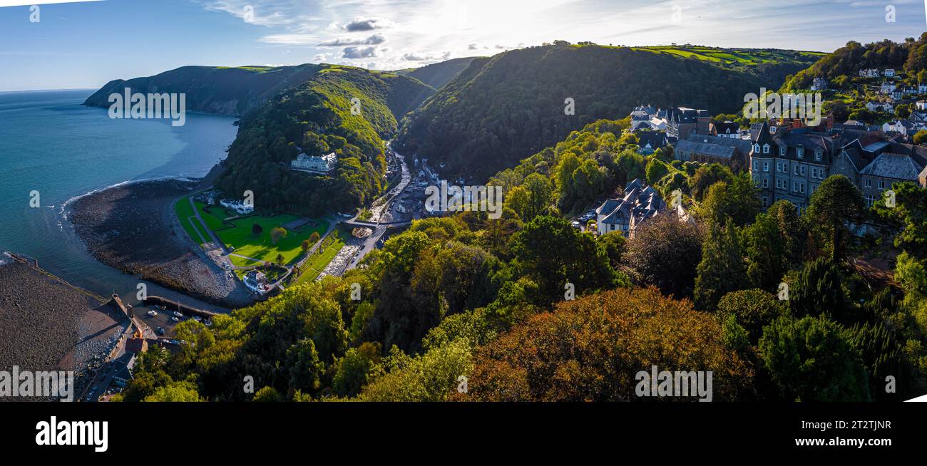 Aerial view of Lynton, a town on the Exmoor coast in the North Devon ...