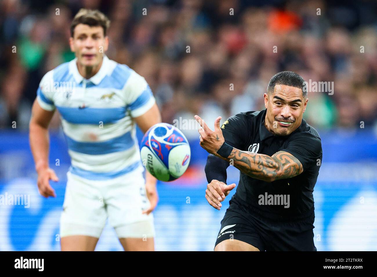 Aaron Smith #9 of New Zealand during the Rugby World Cup Semi-final 1 ...