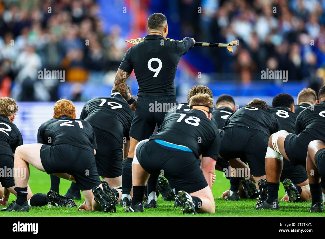 Aaron Smith #9 of New Zealand during The Haka of the Rugby World Cup ...