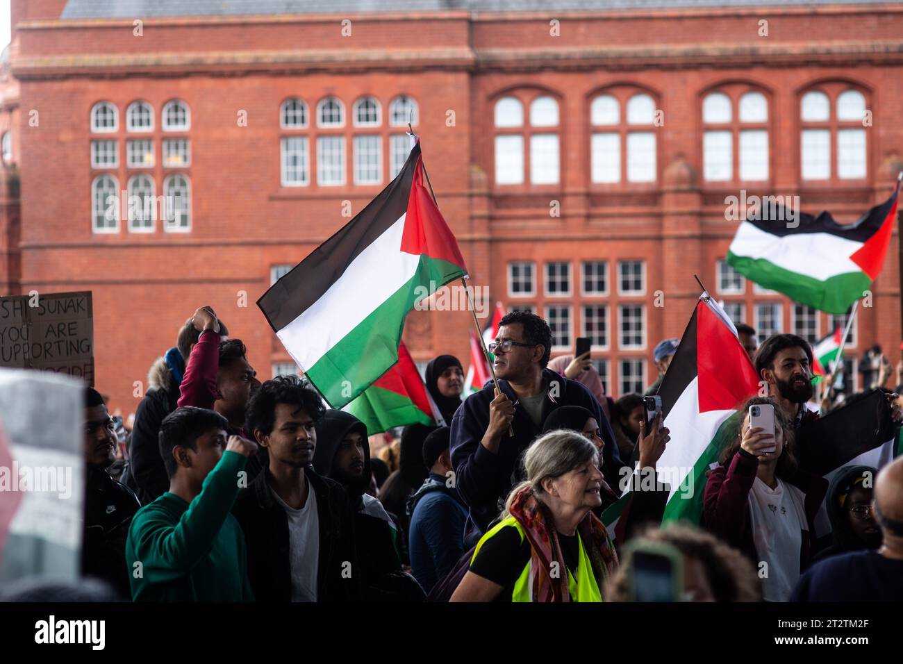 CARDIFF, WALES. 21st October 2023. Protesters march from Cardiff City ...