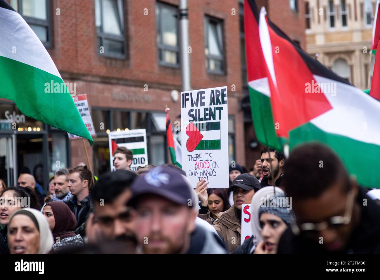CARDIFF, WALES. 21st October 2023. Protesters march from Cardiff City ...