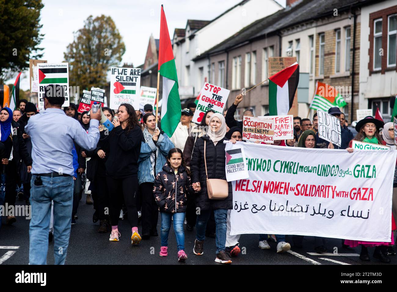CARDIFF, WALES. 21st October 2023. Protesters march from Cardiff City ...