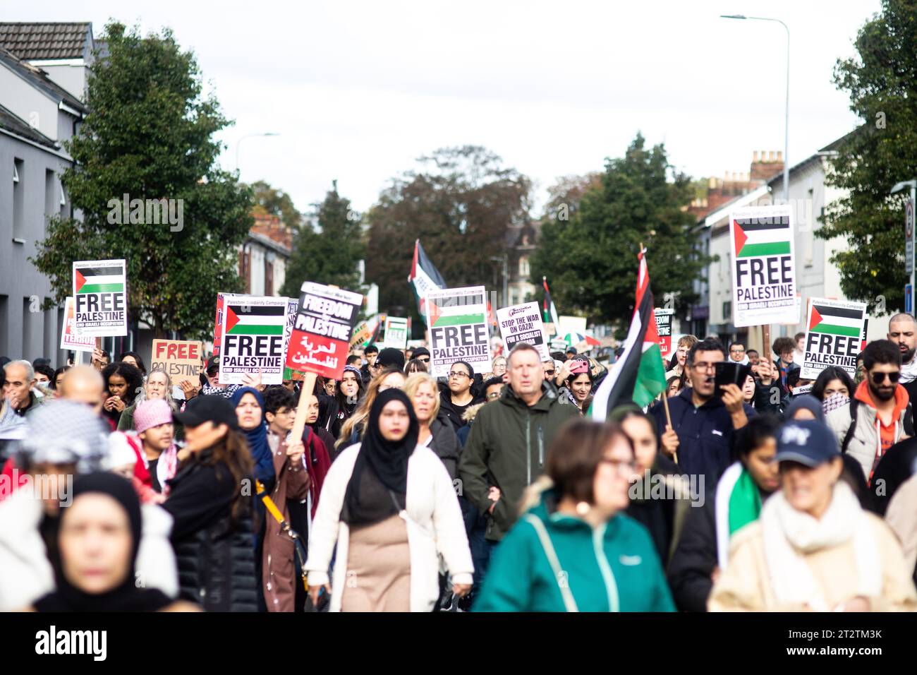 CARDIFF, WALES. 21st October 2023. Protesters march from Cardiff City ...
