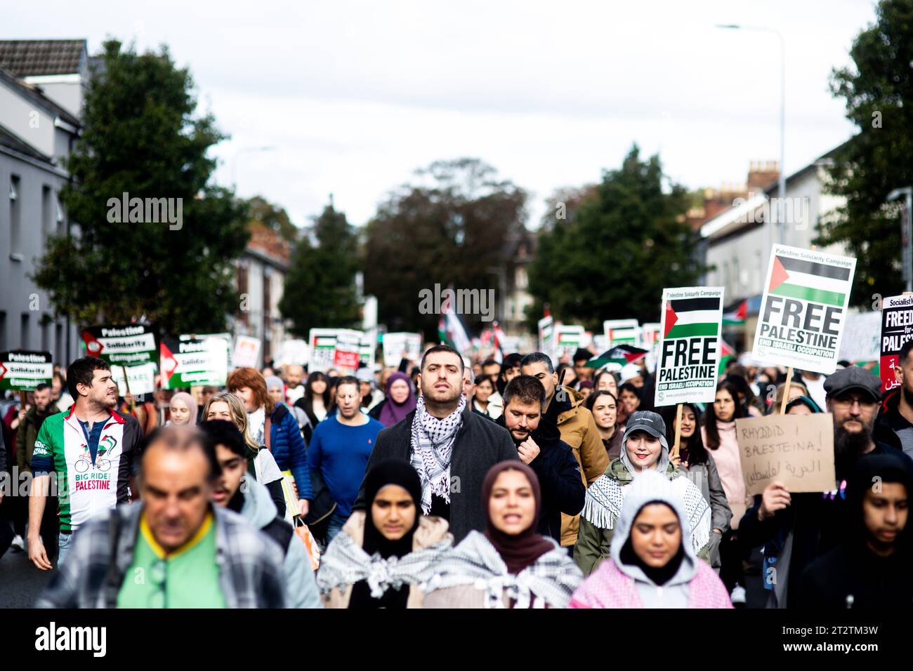 CARDIFF, WALES. 21st October 2023. Protesters march from Cardiff City ...
