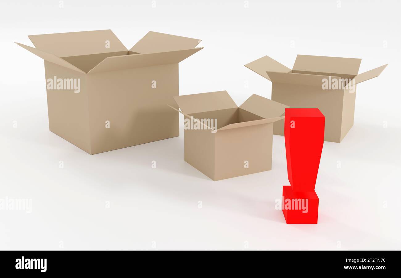 3d render sign exclamation mark near empty boxes. Simple minimalism ...
