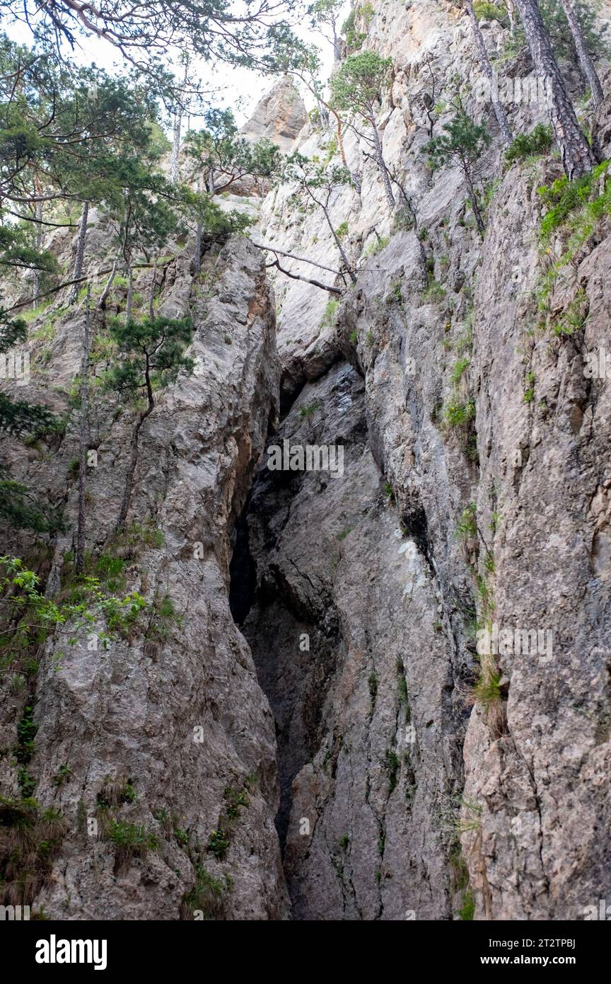 Mountain landscape. A cleft in a sheer cliff in the Caucasus Mountains ...