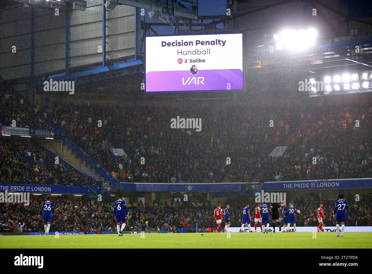 The outcome of a VAR check for a handball is shown on screen during the ...