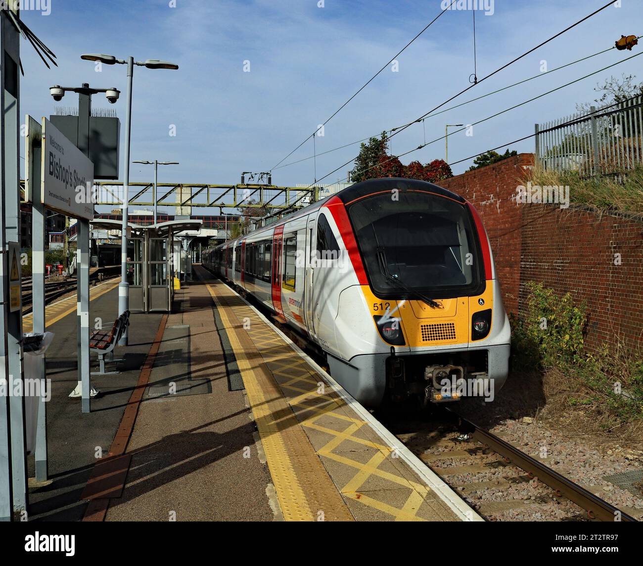 A Greater Anglia train, built by Bombardier, stands at Bishop’s ...