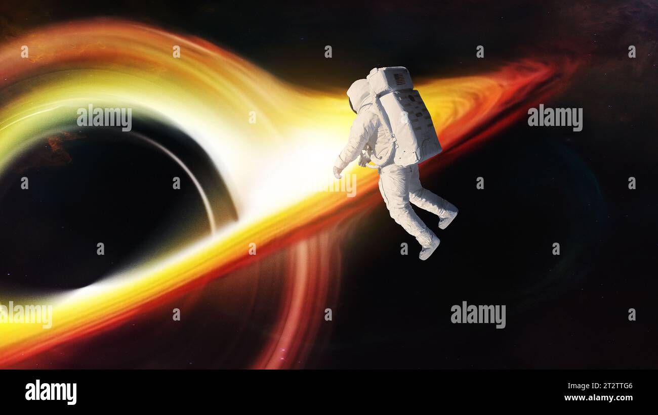 Astronaut looks at black hole and event horizon. Realistic science ...