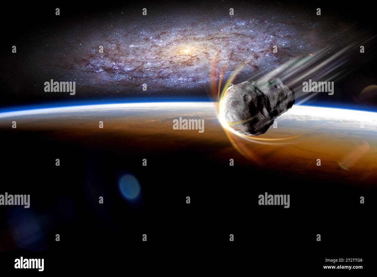 Planet Earth and big asteroid in outer space. Meteorite in outer space ...