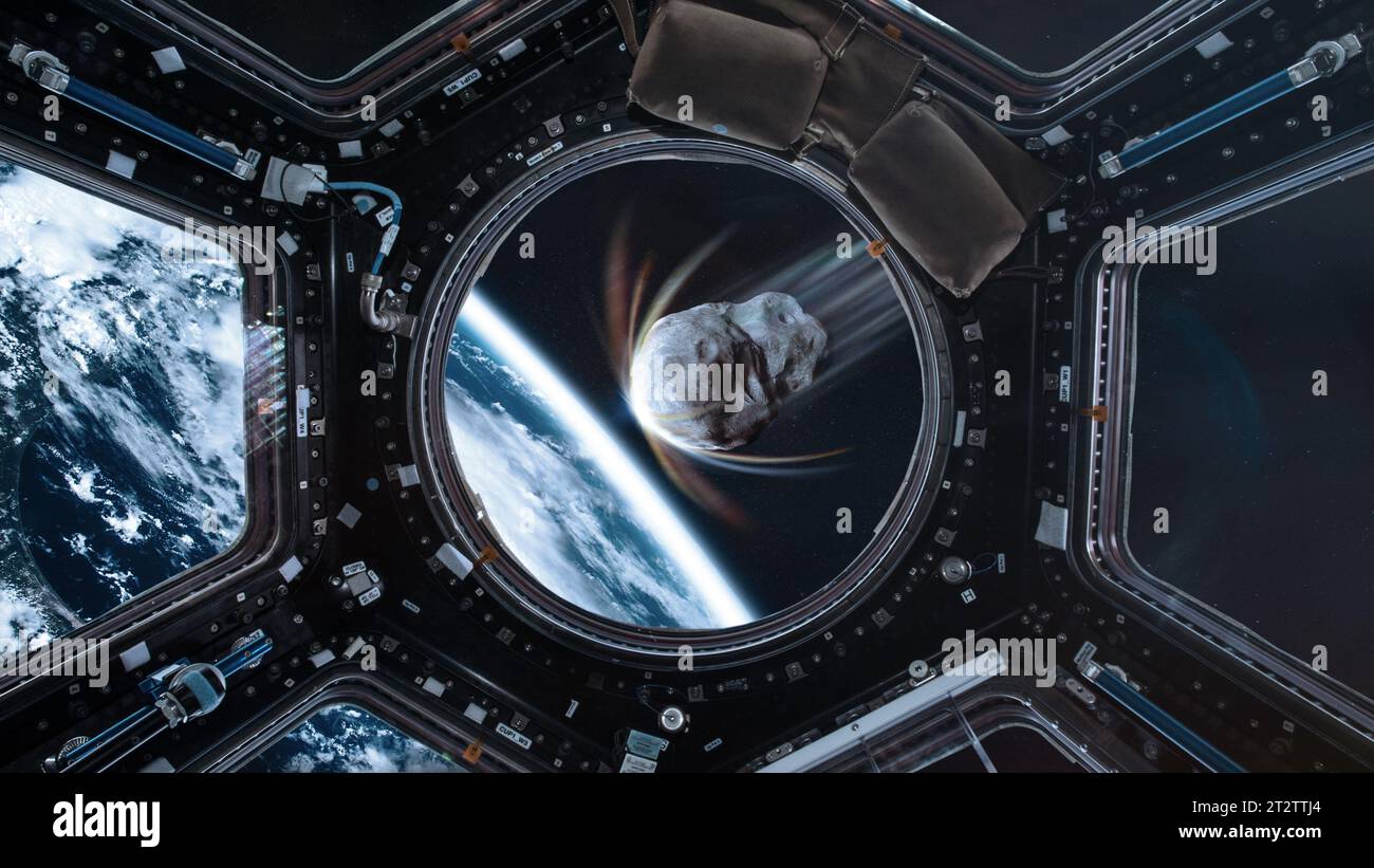 Planet Earth and big asteroid in spaceship porthole in outer space ...
