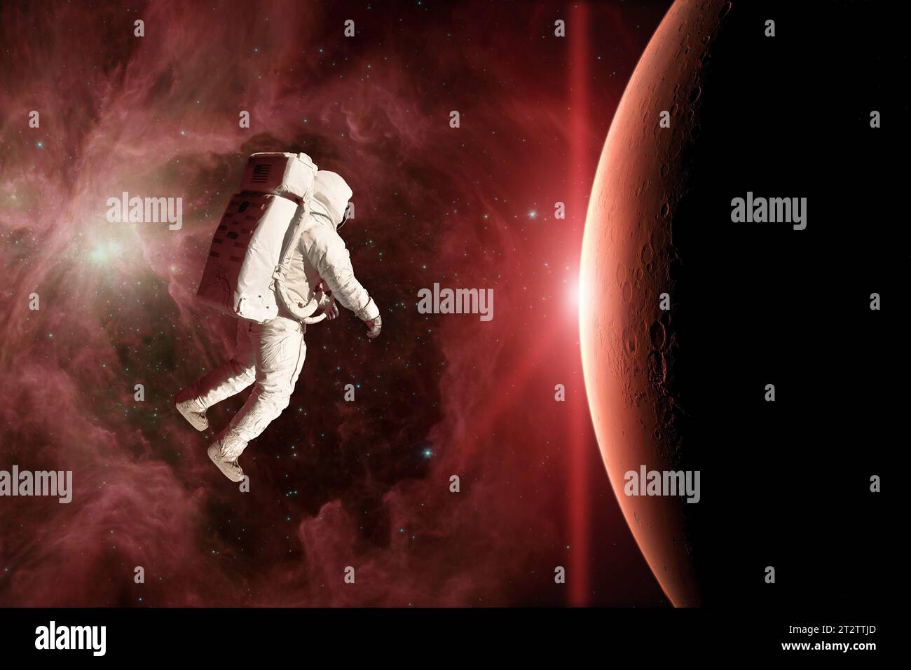 Astronaut in deep space on low-orbit of Mars planet. Elements of this ...