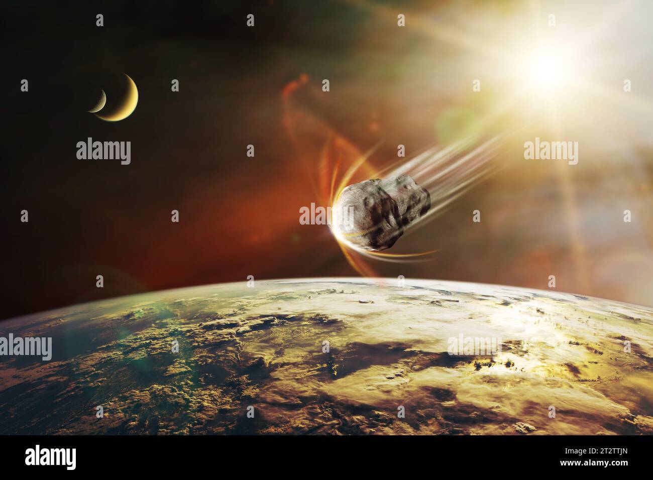 Asteroid in outer space near Earth planet. Meteorite on orbit of Earth ...