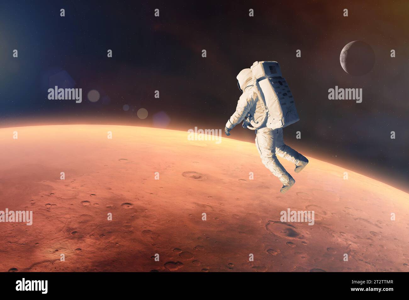 Cosmonaut floating in outer space close to Mars planet. Elements of ...