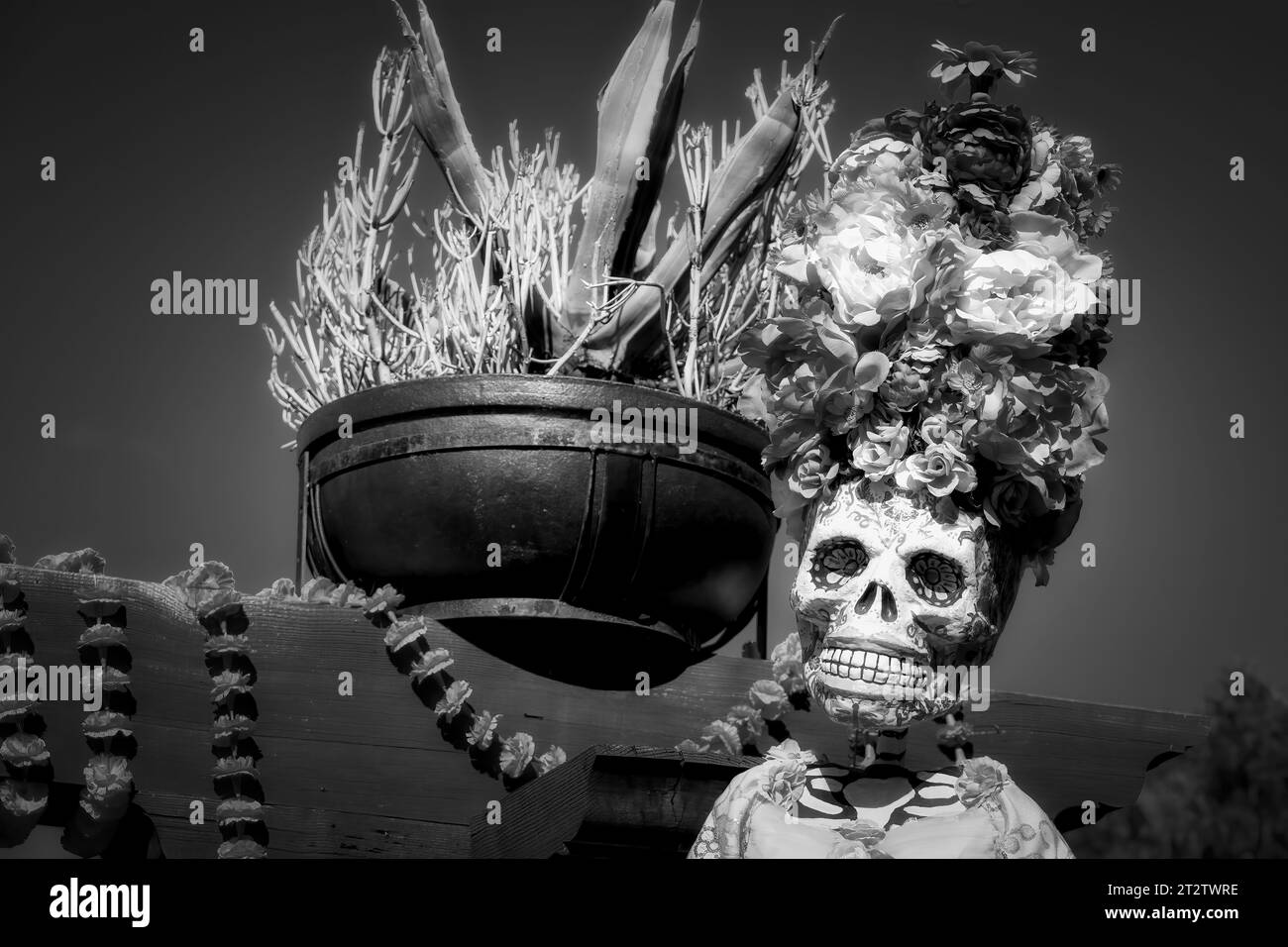 A Day of the Dead lady stands next to a planter at Old Town in San ...