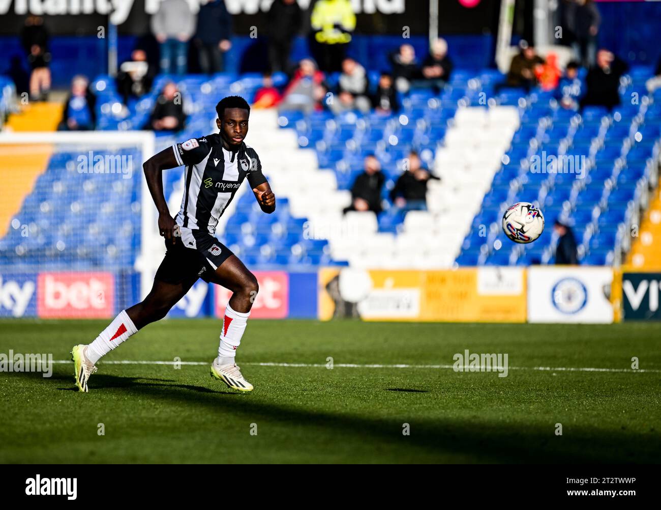 Stockport, UK, 21st October, 2023. Kamil Conteh during the Sky Bet EFL ...