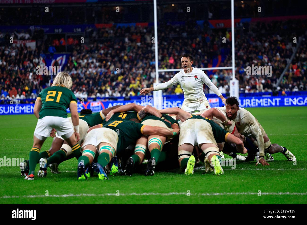 Players contest a scrum during the Rugby World Cup semifinal match ...