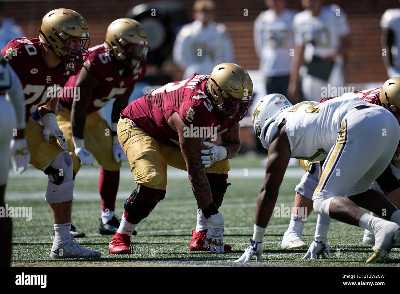 Boston College offensive lineman Christian Mahogany (73) works against ...