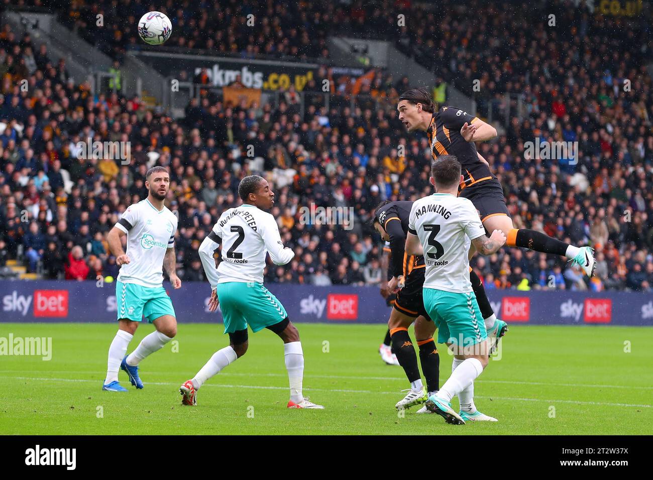 Alfie Jones of Hull City heads at goal during the Sky Bet Championship ...