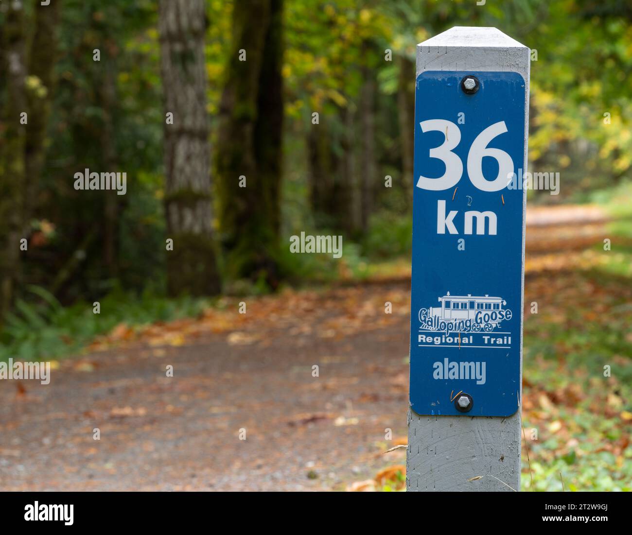 A kilometer sign on the Galloping Goose Regional Trail in Sooke ...