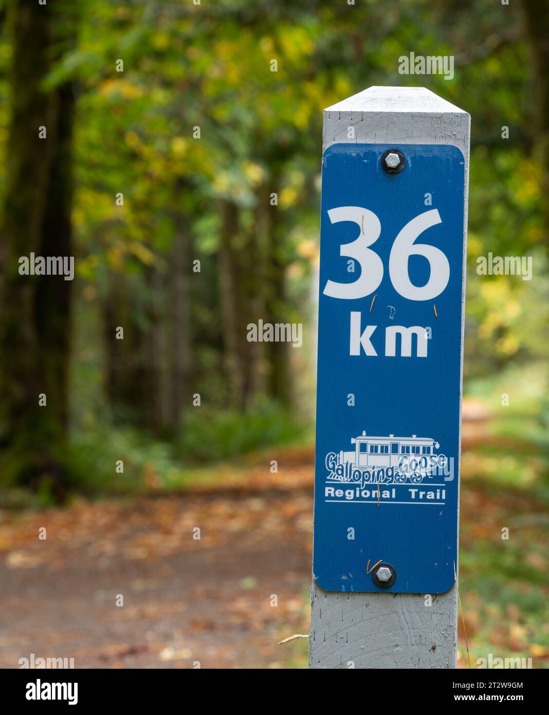 A kilometer sign on the Galloping Goose Regional Trail in Sooke ...