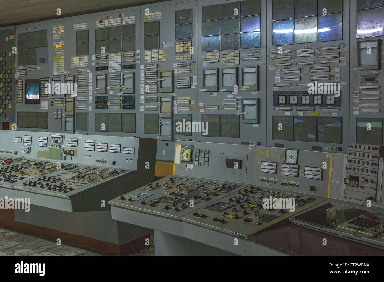 A control room in a nuclear power plant with a variety of electronic ...
