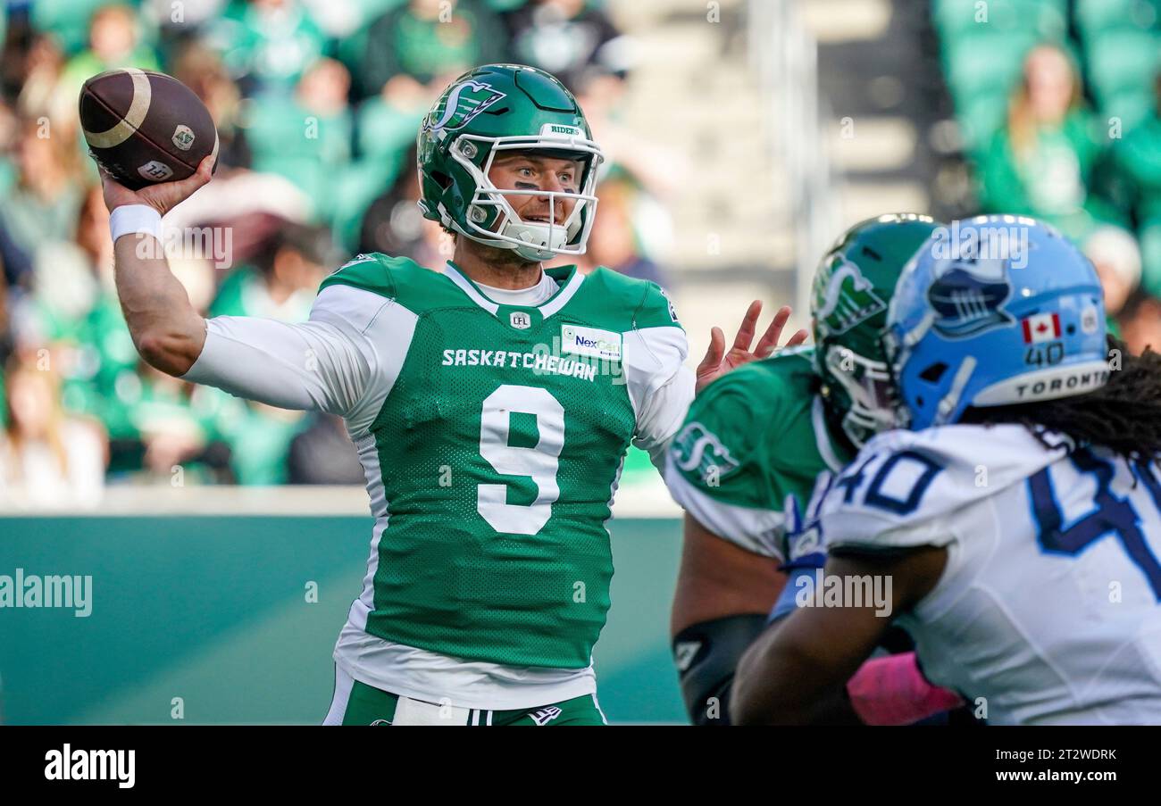 Saskatchewan Roughriders quarterback Jake Dolegala (9) looks to throw against the Toronto ...