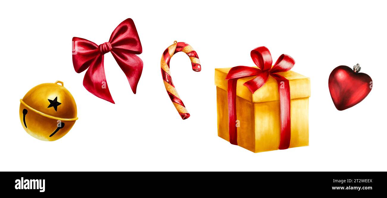 Watercolor christmas balls, golden bell, gift illustration. New year ...