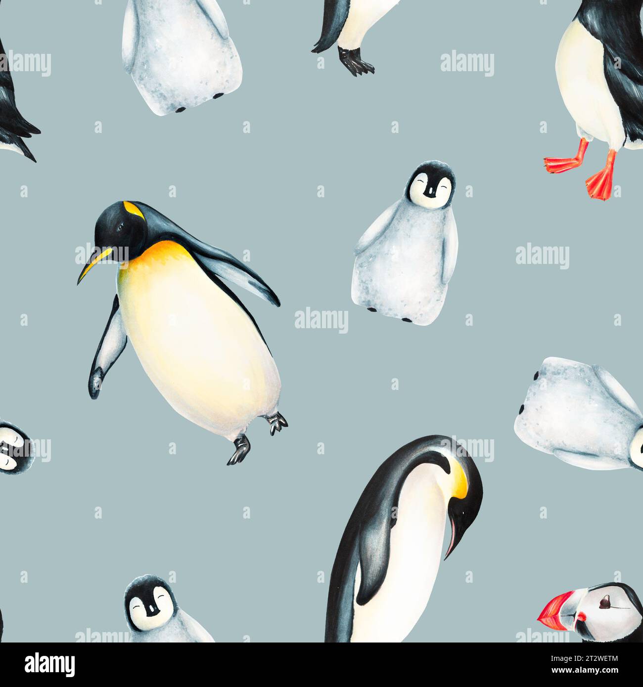 Watercolor seamless pattern with king penguins family and puffin bird ...