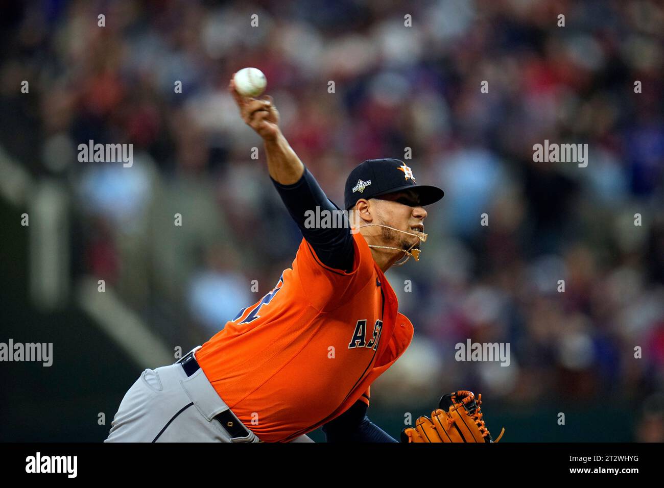 Houston Astros relief pitcher Bryan Abreu throws a pitch that hit Texas ...