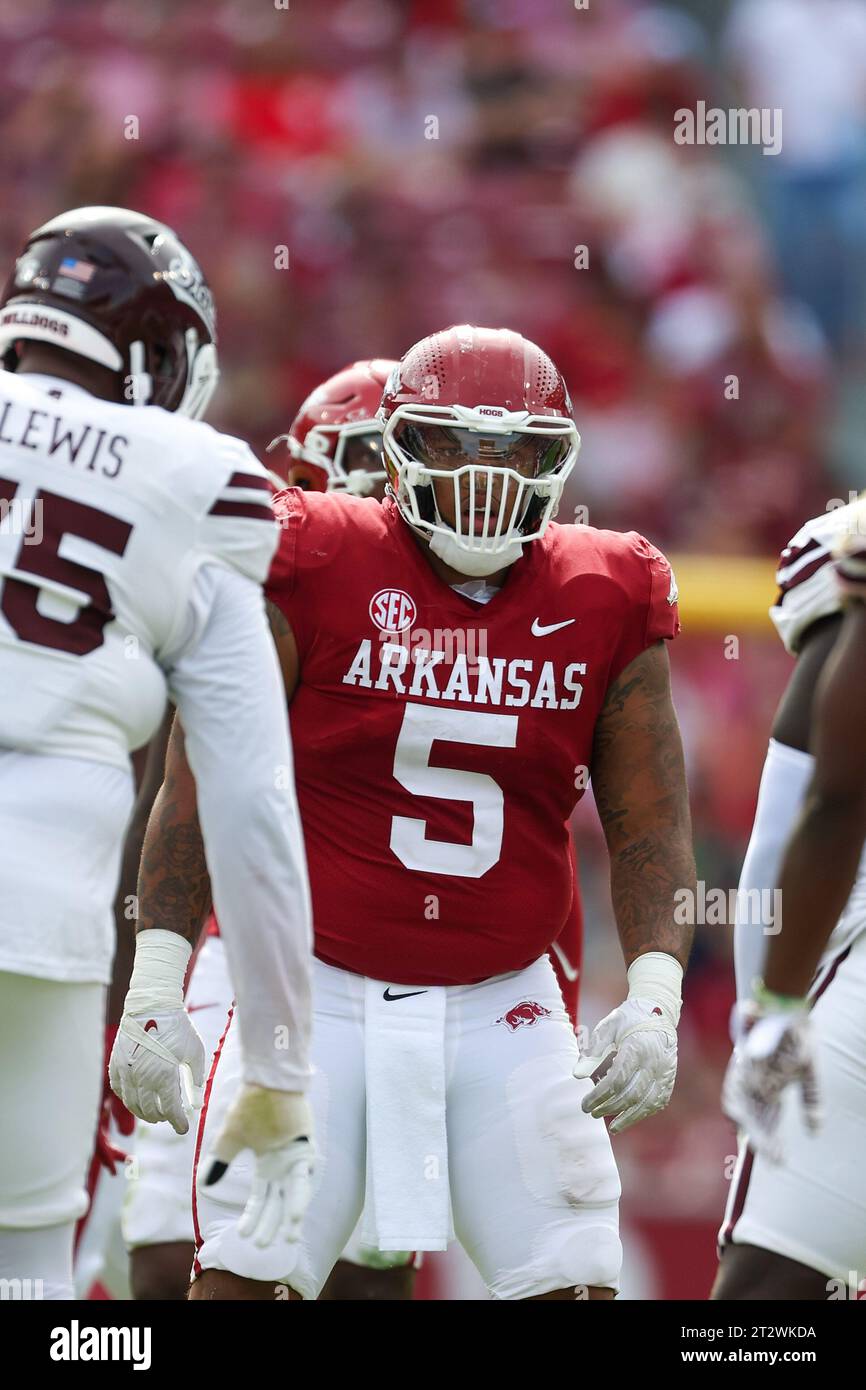 October 21, 2023: Cameron Ball #5 Arkansas defensive lineman stares ...