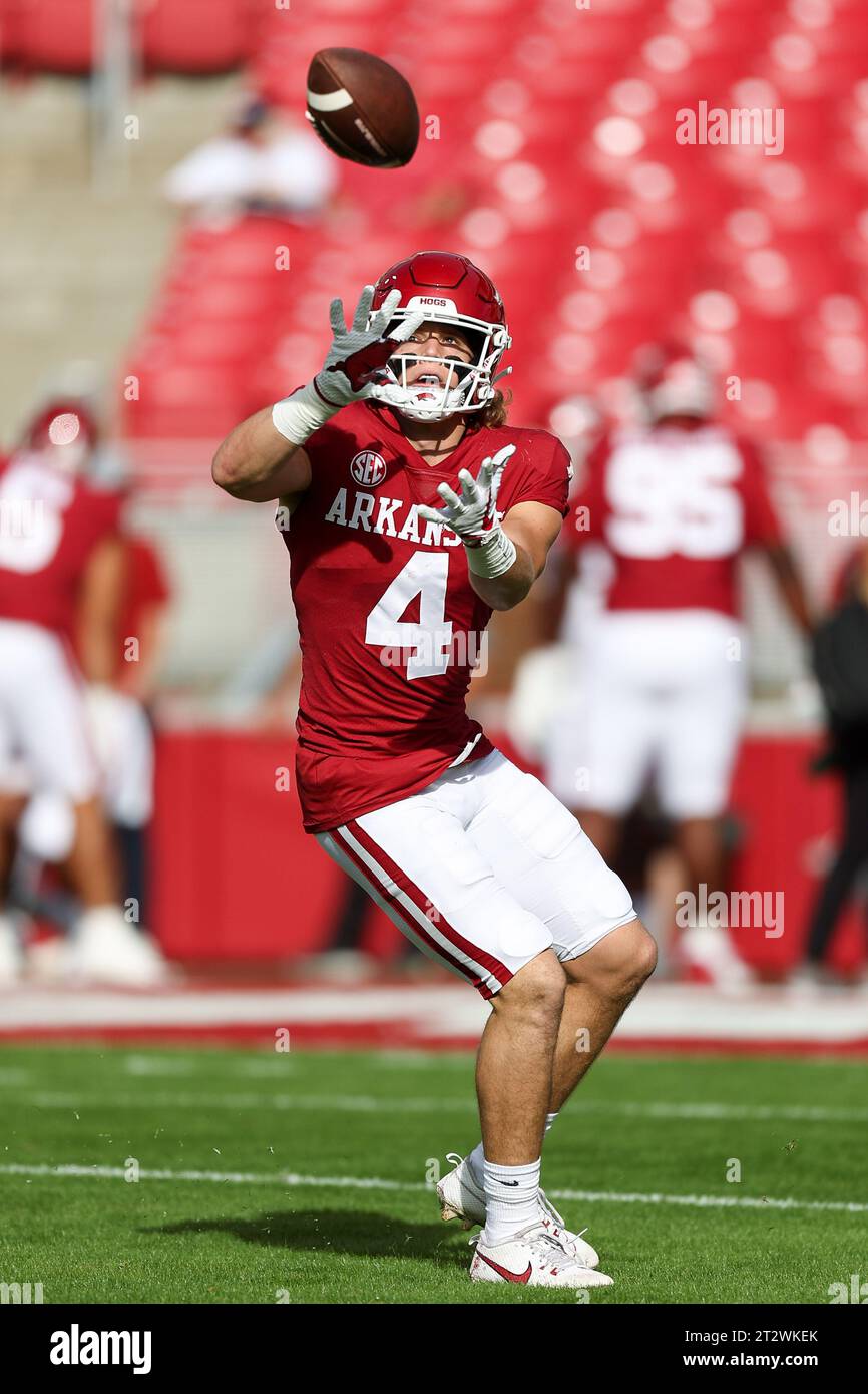 October 21, 2023: Isaac TeSlaa #4 Razorback receiver looks in a ball ...