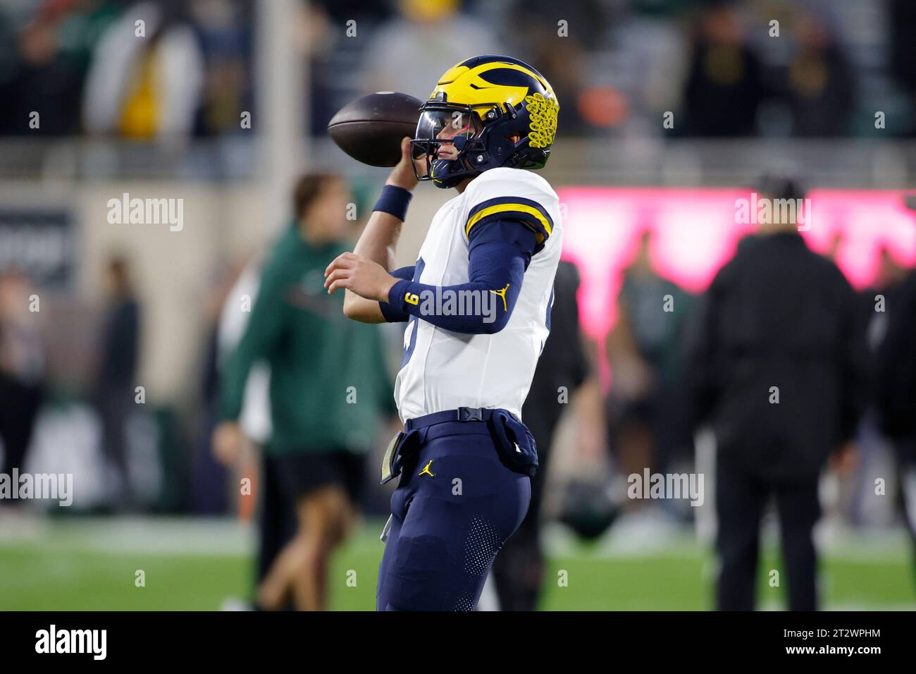 Michigan quarterback J.J. McCarthy prepares to throw during warmups ...