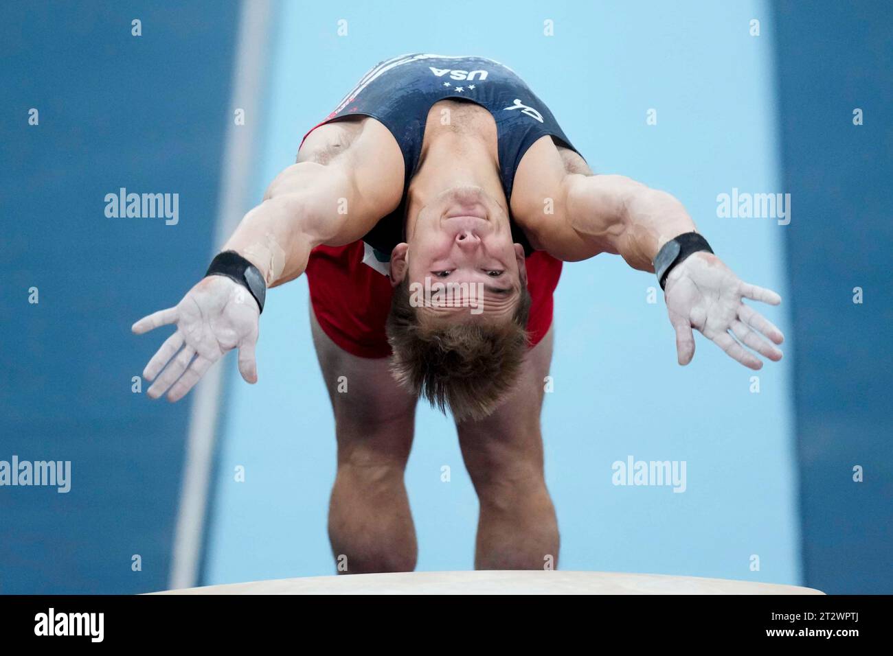 Curran Phillips of the United States competes on the vault during the ...