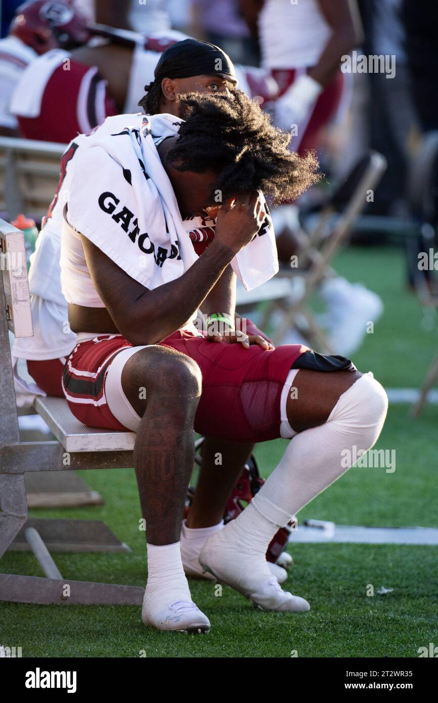 South Carolina wide receiver Xavier Legette sits on the bench late in ...