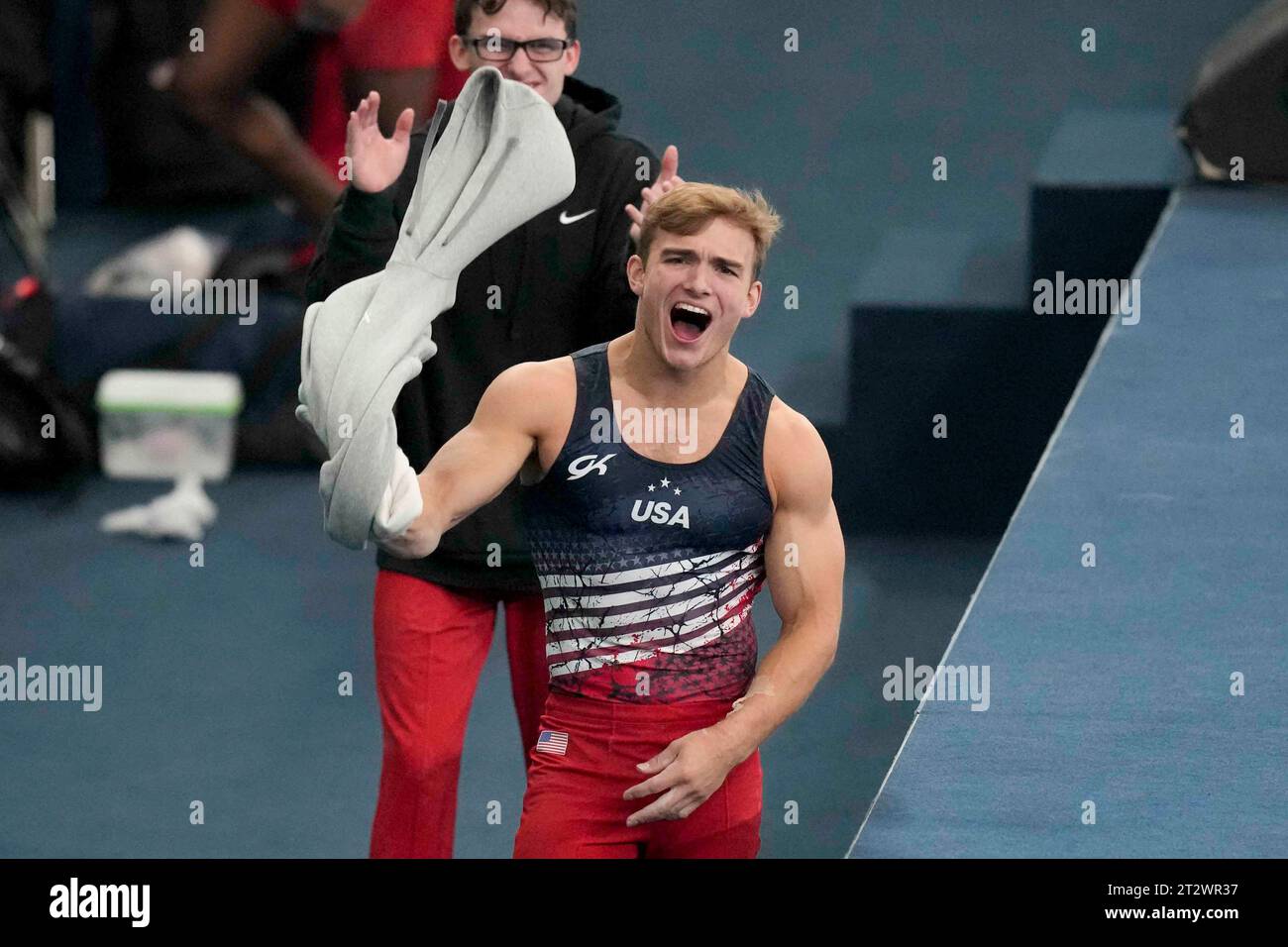 Curran Phillips of the United States reacts while his partner Colt ...