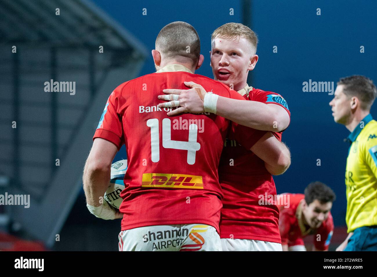 Limerick, Ireland. 21st Oct, 2023. Andrew Conway of Munster celebrates ...