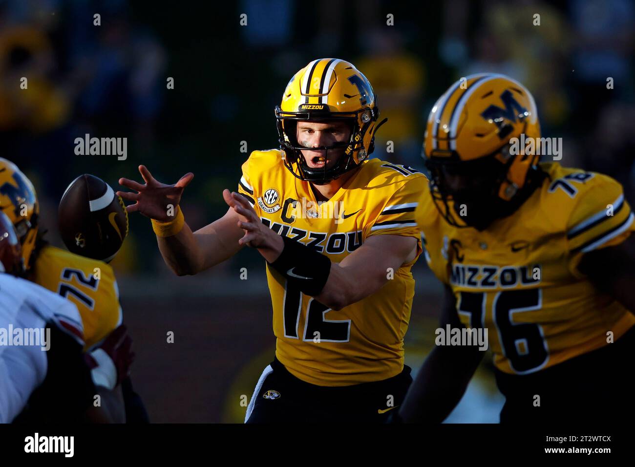 Missouri quarterback Brady Cook (12) takes the snap during the second ...