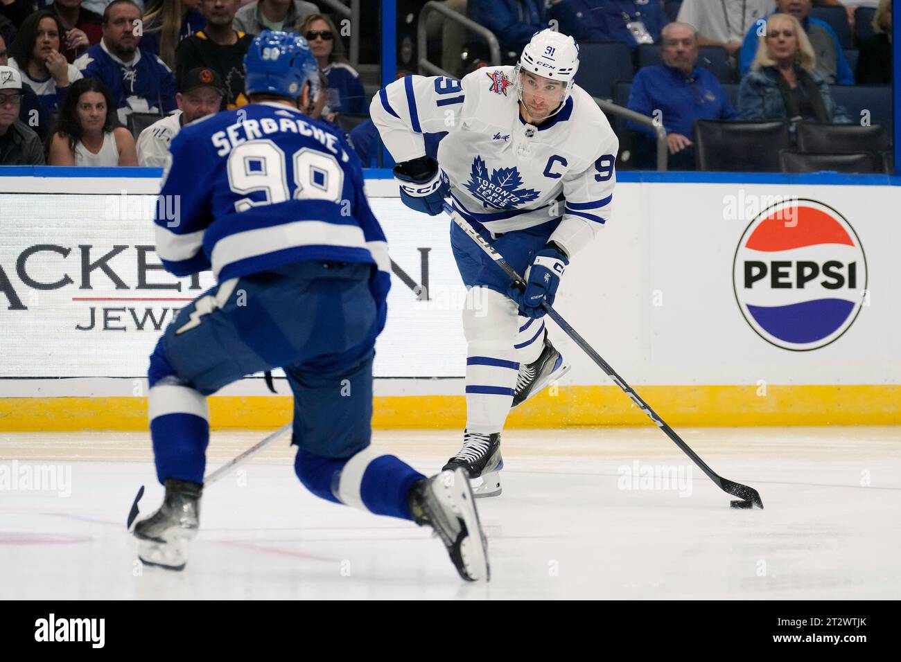 Toronto Maple Leafs center John Tavares (91) gets off a shot in front ...