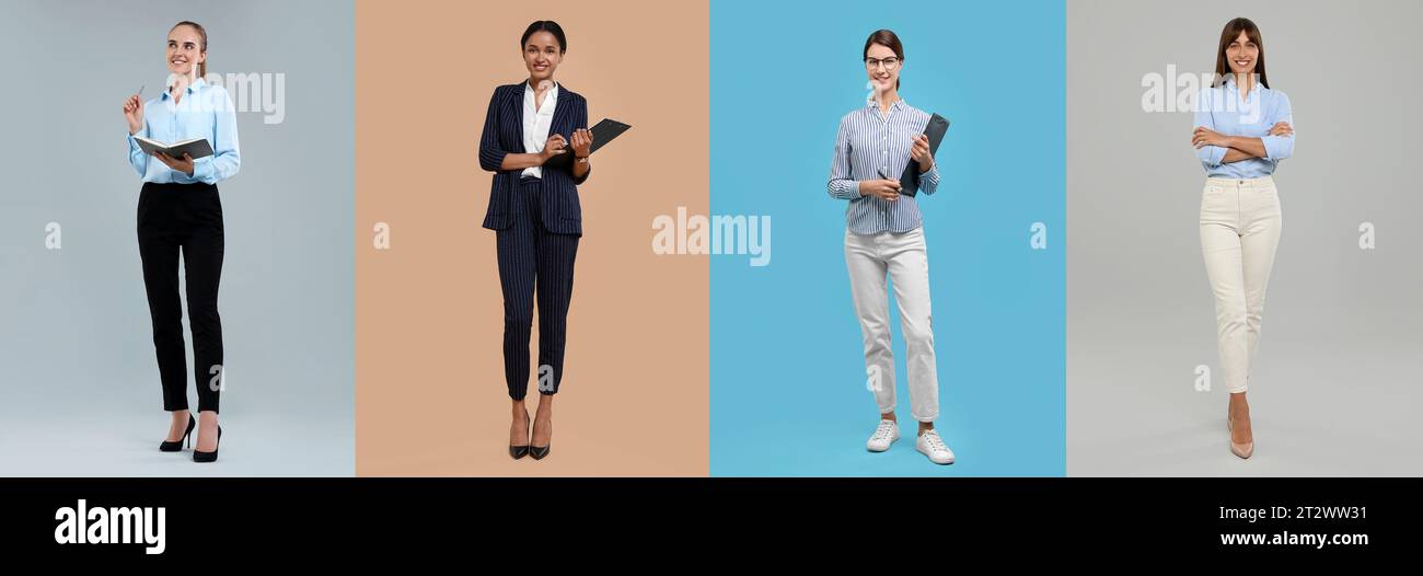 Collage with photos of beautiful secretaries on different color ...