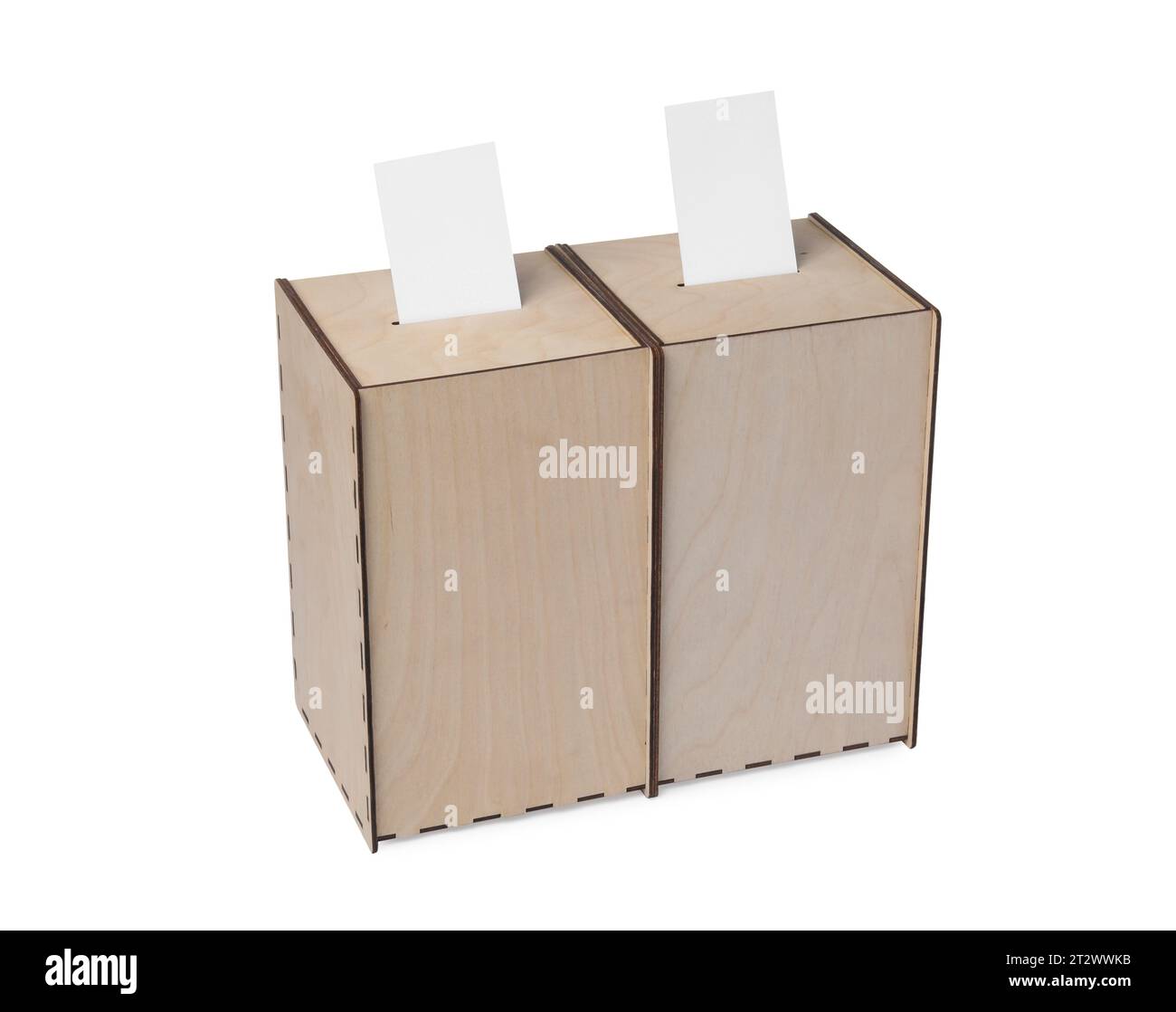 Wooden ballot boxes with votes isolated on white Stock Photo - Alamy