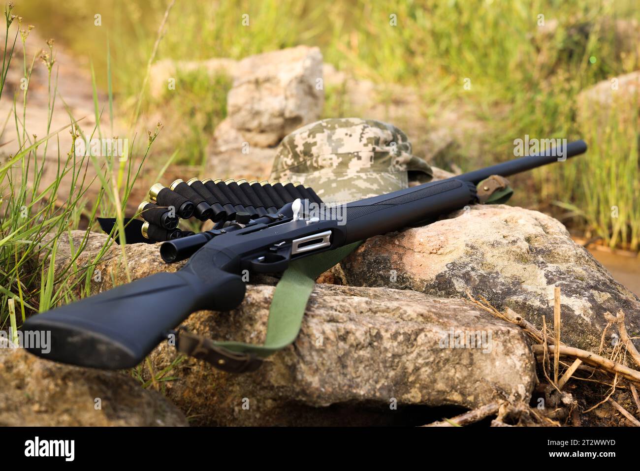 Hunting rifle and cartridges on rocks outdoors Stock Photo - Alamy