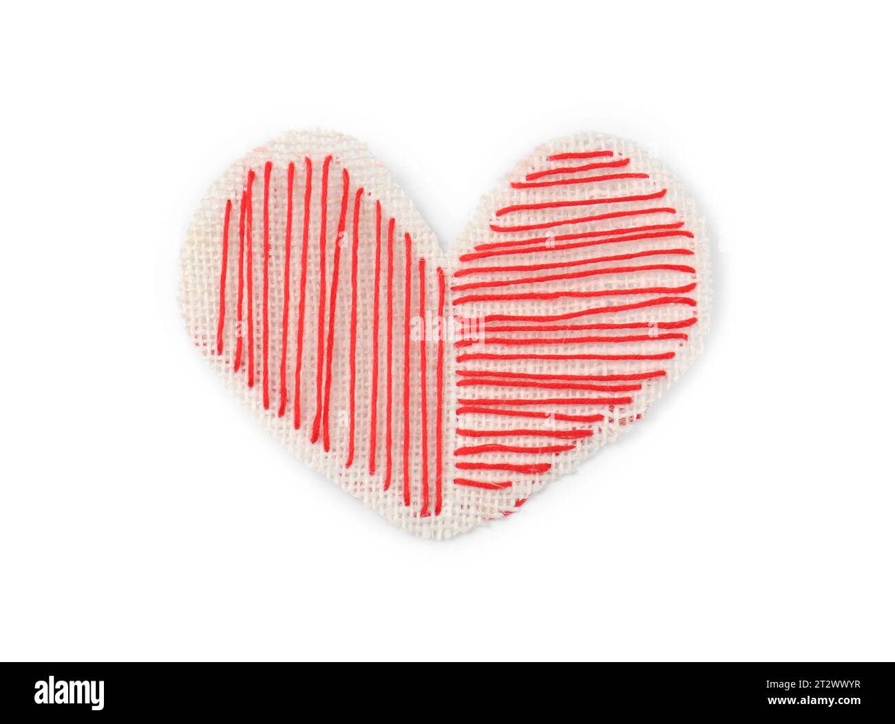 Heart made of burlap fabric with red stitches isolated on white, top ...