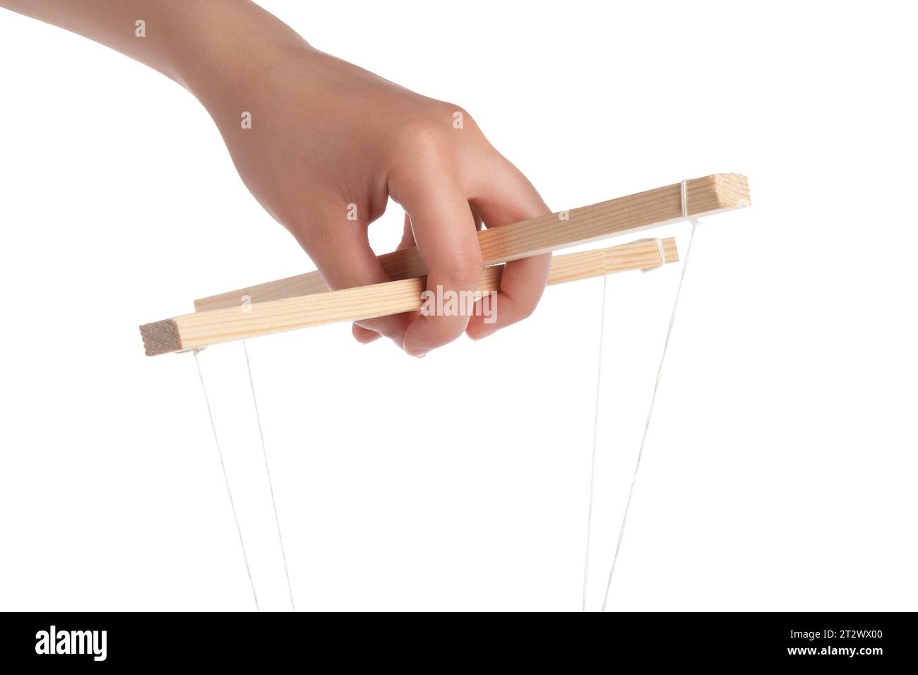 Woman pulling strings of puppet on white background, closeup Stock ...
