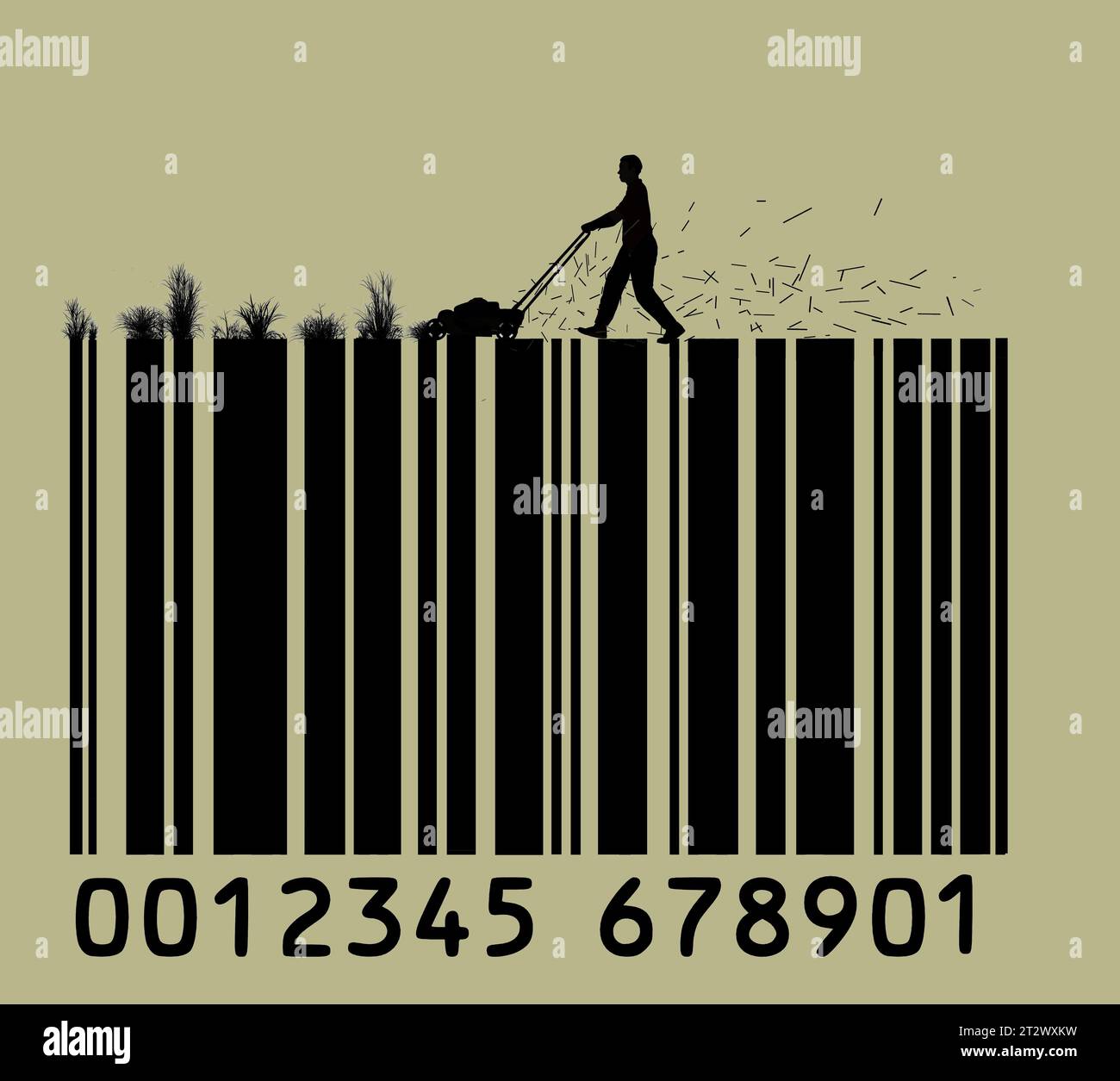 A man mows grass off the top of a bar code as he is trimming prices and ...
